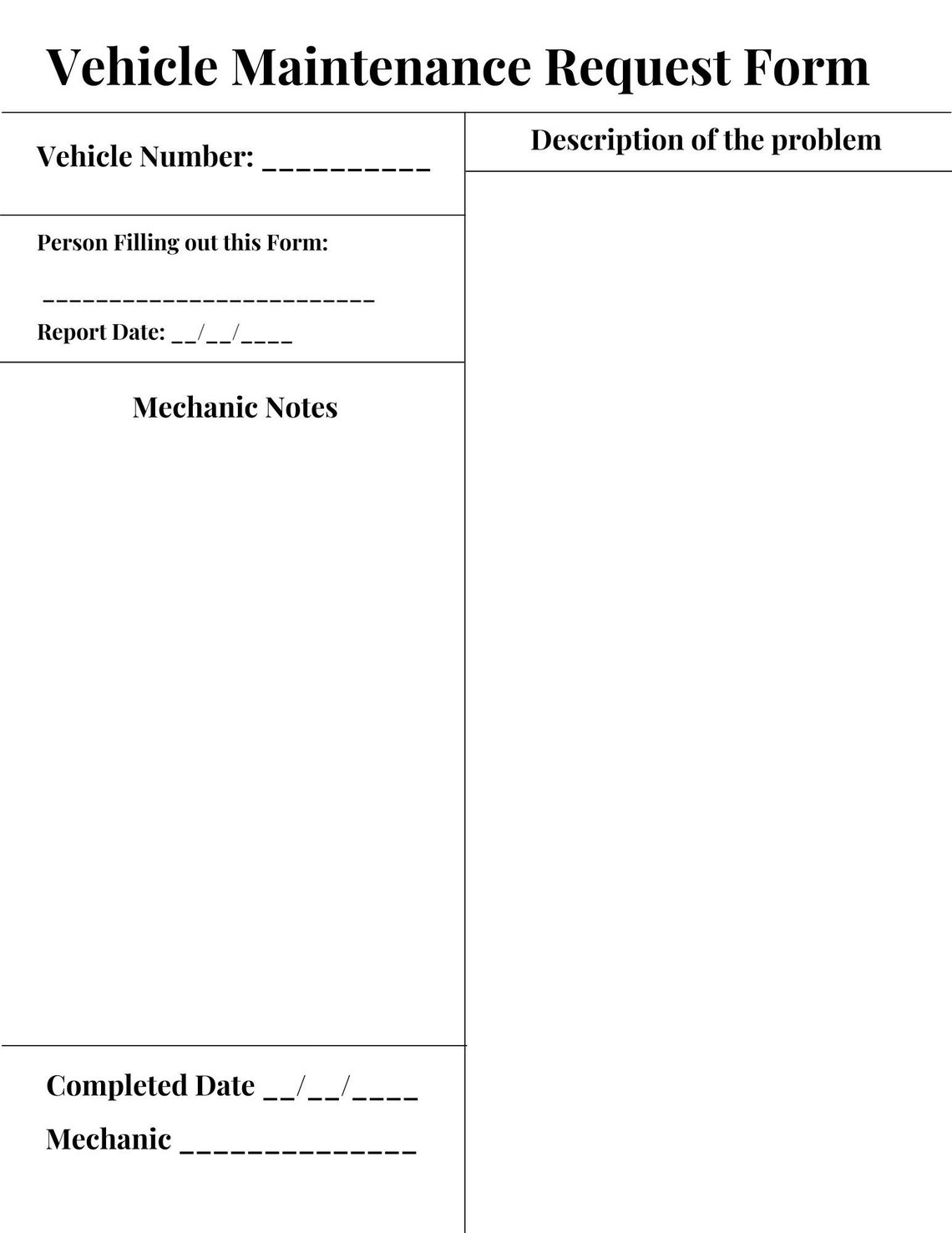 Vehicle Maintenance Request Form - Etsy