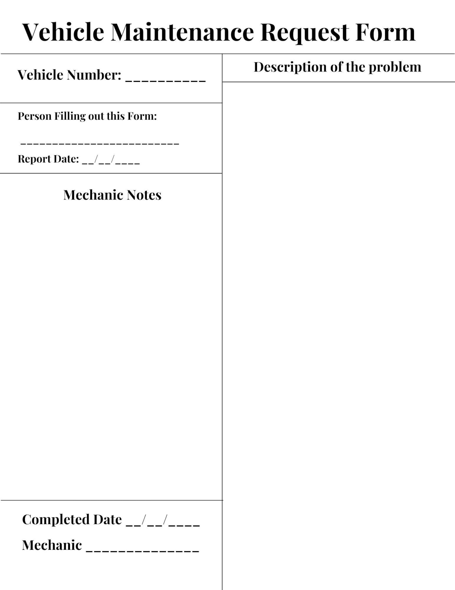 Vehicle Maintenance Request Form - Etsy