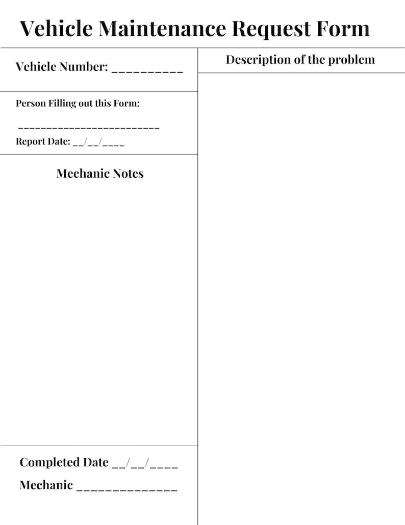 Vehicle Maintenance Request Form - Etsy