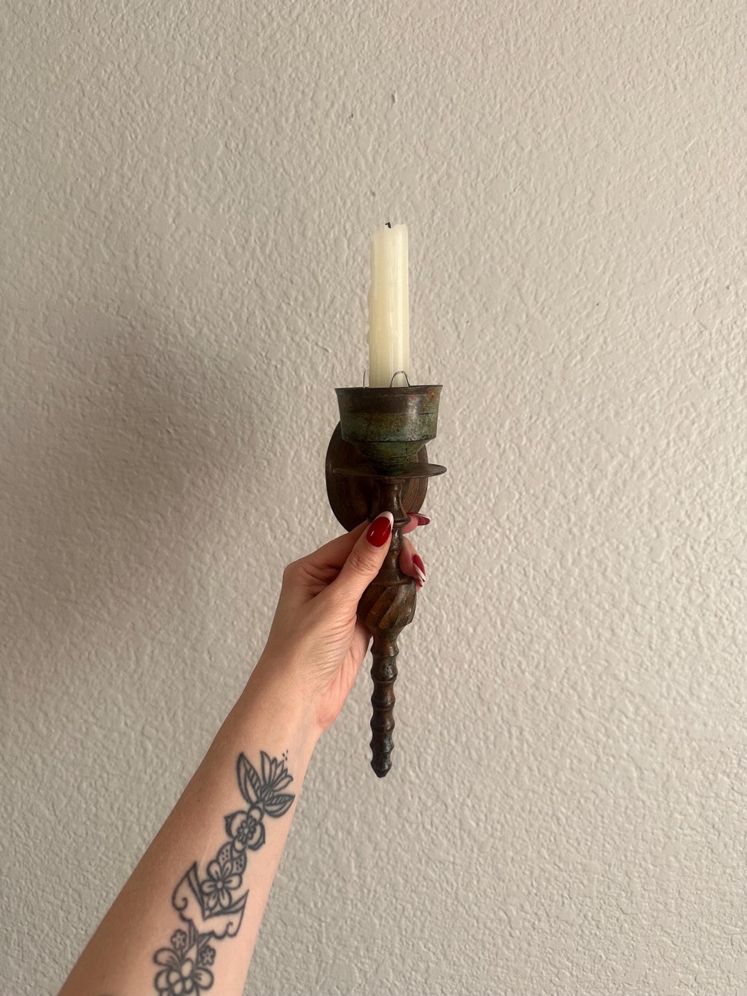 Vintage Verdigris Distressed Brass Candle Wall Sconce - Etsy