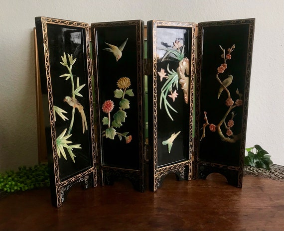 Vintage Chinese Lacquer Wood and Carved Jade Tabletop Folding - Etsy