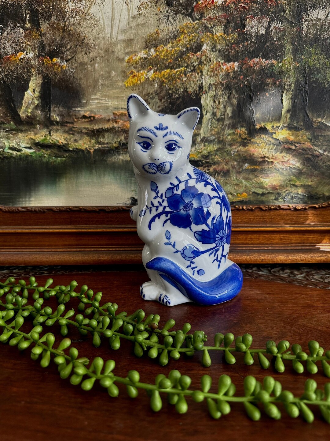 Vintage Porcelain Blue and White Floral Good Luck Cat Statue - Etsy