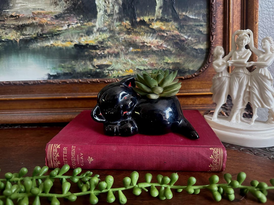 Vintage Japanese Redware Pottery Black Cat Planter - Etsy
