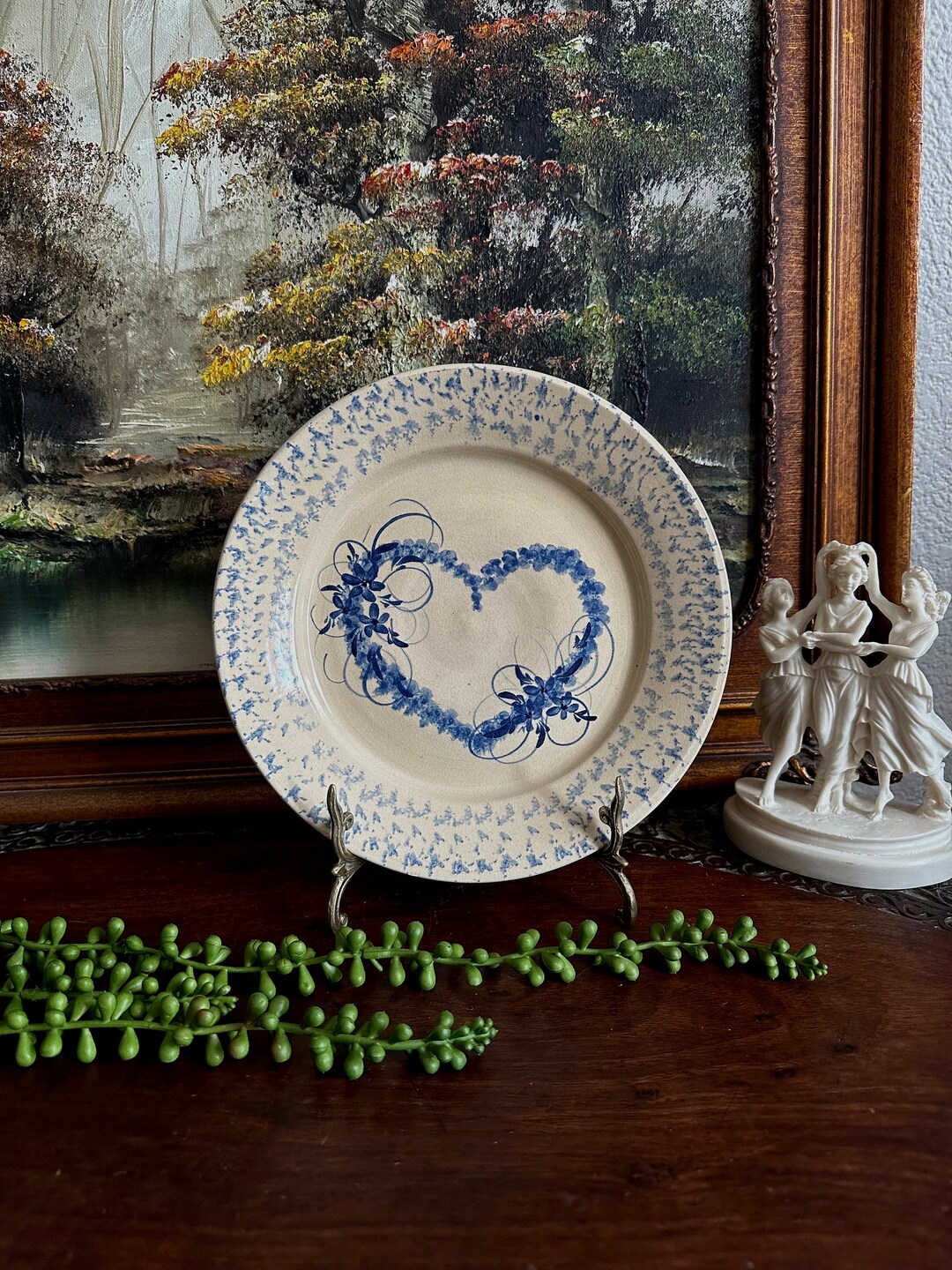 Vintage Marshall Pottery Spongeware Bluebonnet Heart Ceramic Plate 9 ...