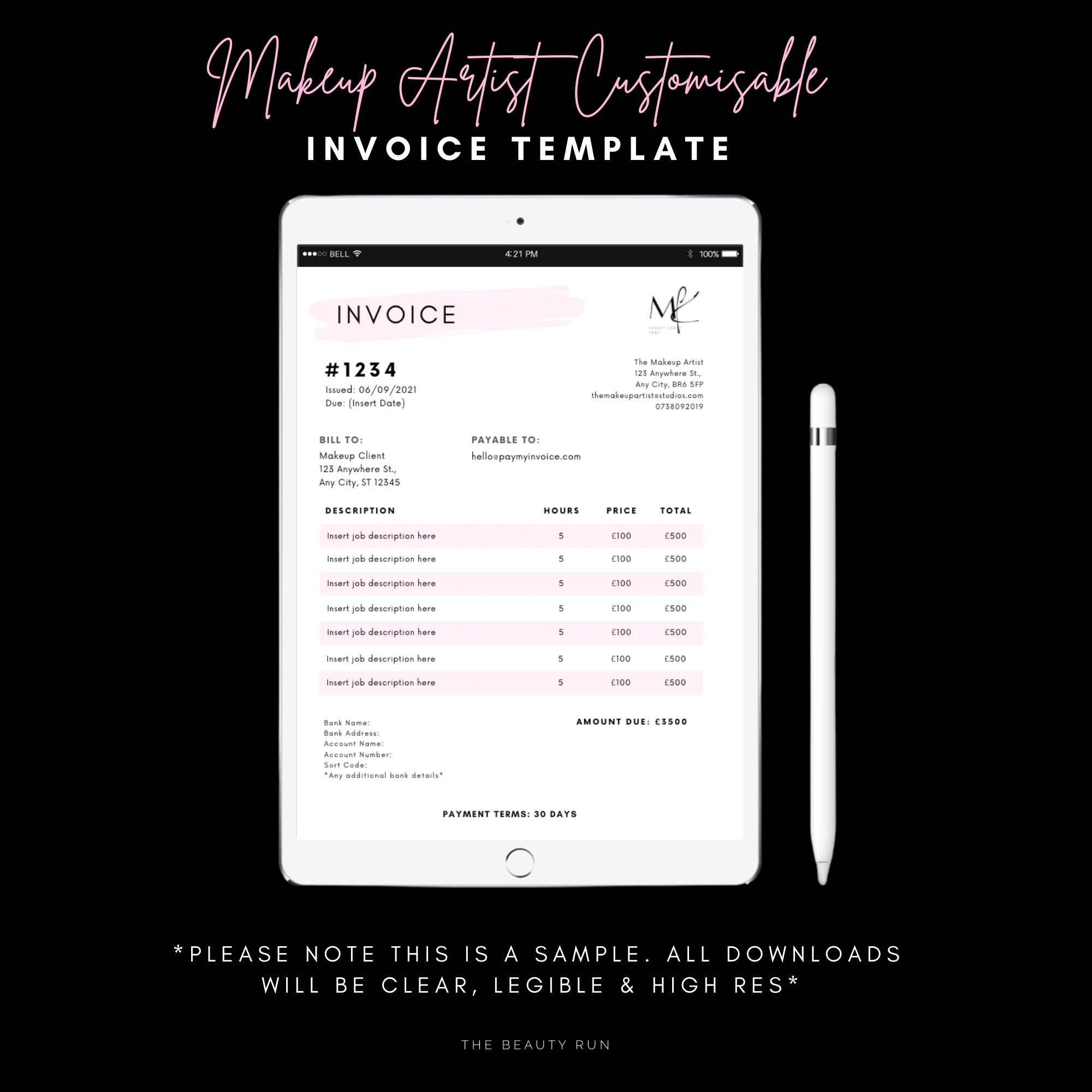 Makeup Artist Invoice Template customisable - Etsy