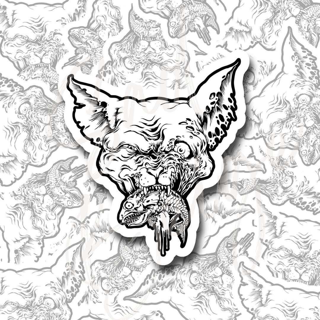 Zombie Cat Vinyl Sticker, Creepy Weird Art, Dead Fish Skeleton, Horror ...