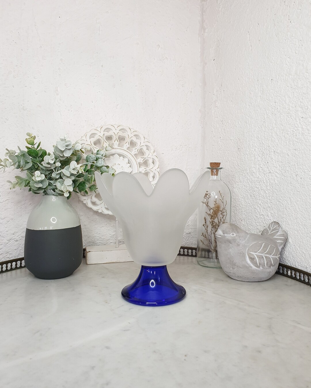 Vintage Cobalt Blue Frosted Glass Flower Vase - Etsy