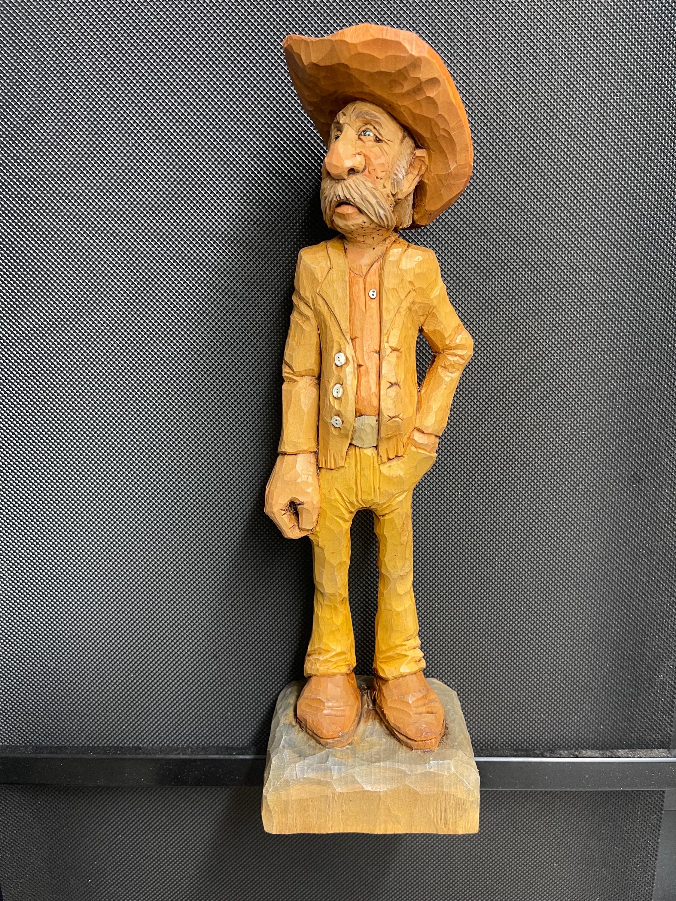 Hand-carved 13.5” Cowboy Wood Sculpture – Full-size Basswood Caricature ...