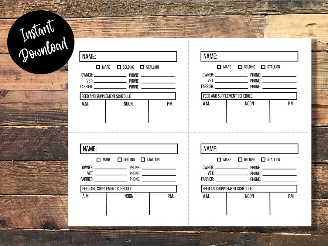 Printable Basic Stall Cards for Horses, Stables, Barns, Horse Shows ...