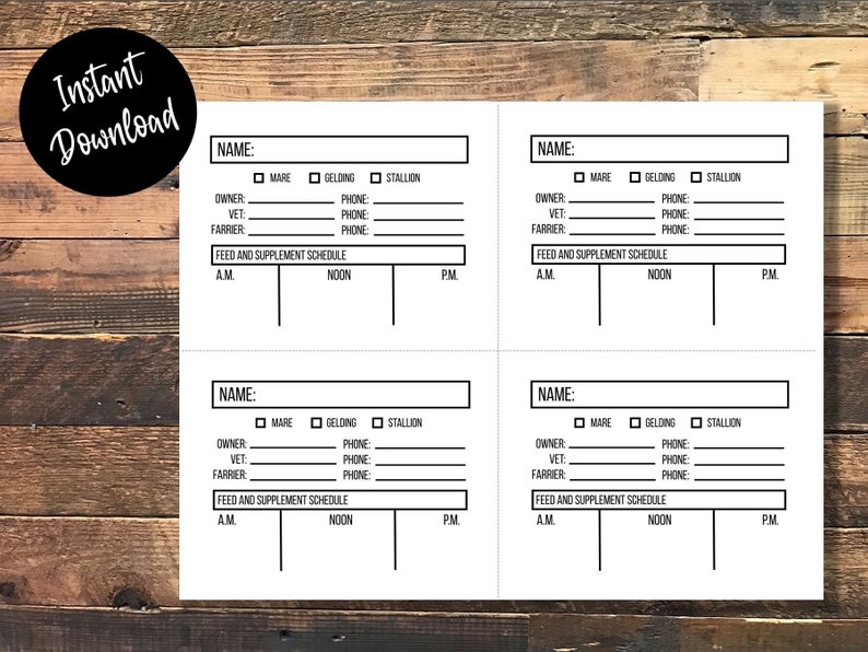 Printable Basic Stall Cards for Horses, Stables, Barns, Horse Shows ...