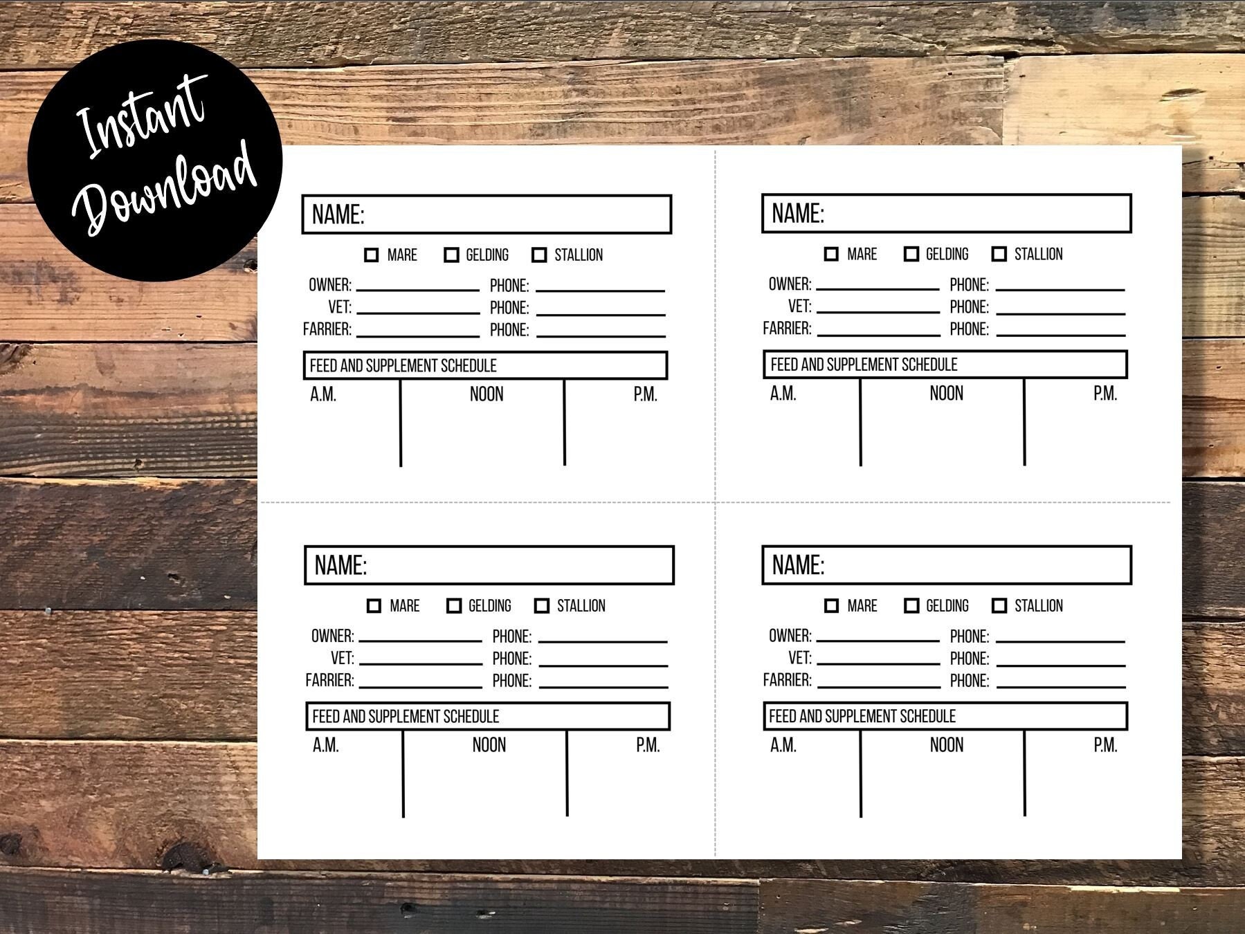 Printable Basic Stall Cards for Horses, Stables, Barns, Horse Shows ...