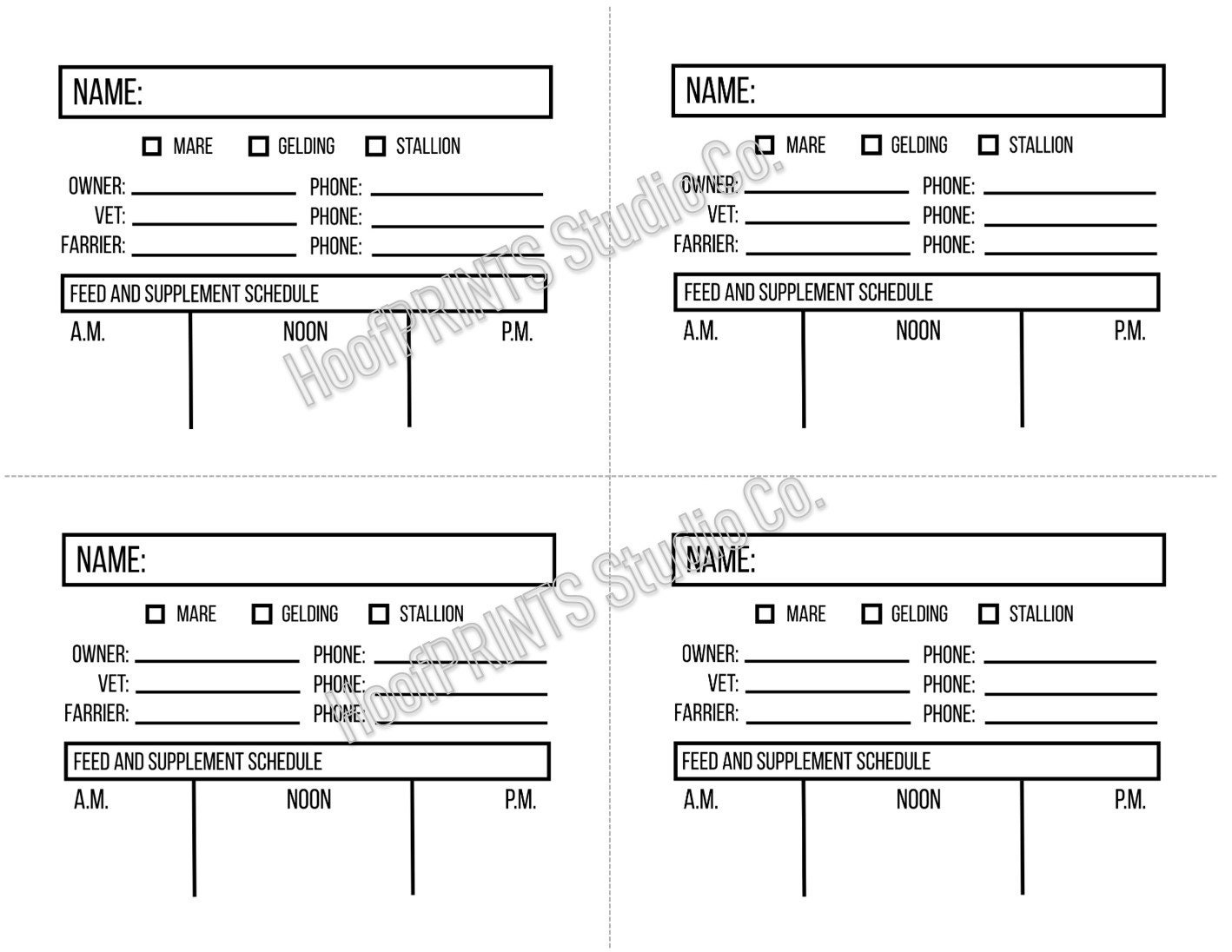 Printable Basic Stall Cards for Horses, Stables, Barns, Horse Shows ...