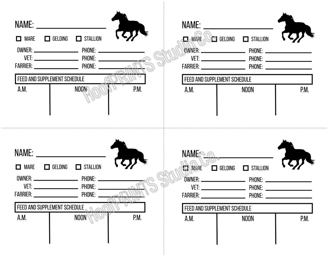 Printable Horse Stall Cards With Feed Schedule, Horse Show or Barn ...