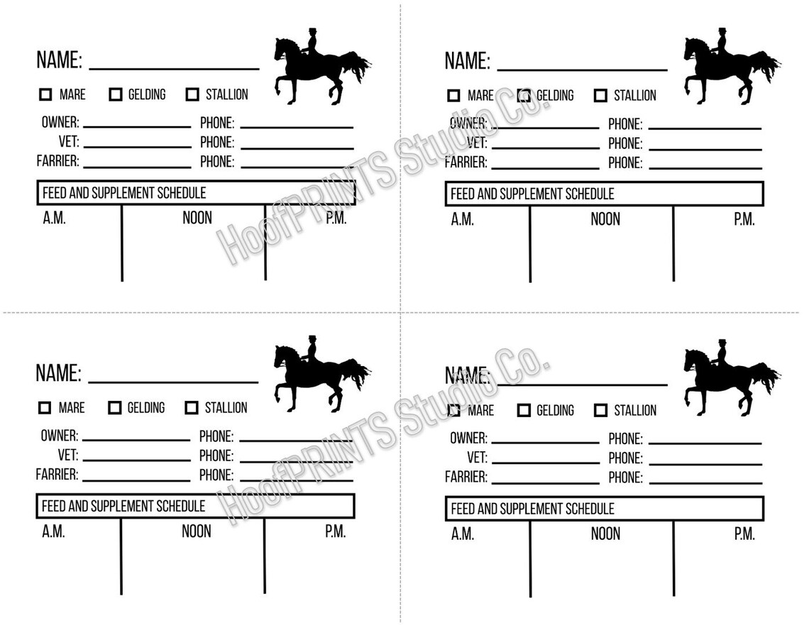 Printable Saddle Seat Theme Horse Stall Cards With Feed Schedule, Horse ...