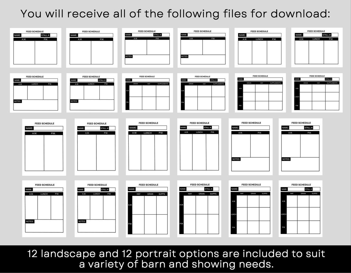 Printable Horse Feed Chart Bundle, Horse Feed Schedule, Horse Stall ...