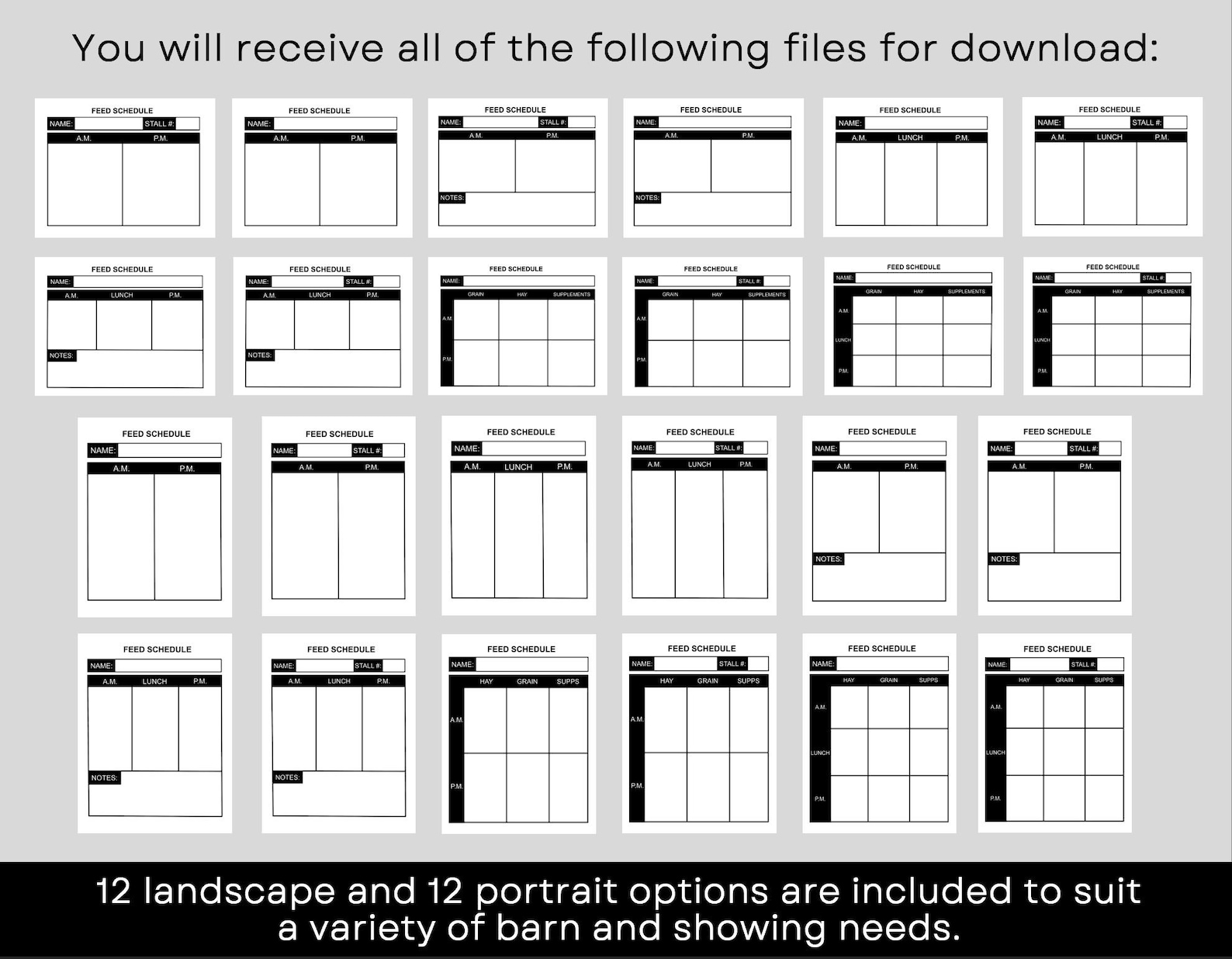 Printable Horse Feed Chart Bundle, Horse Feed Schedule, Horse Stall ...