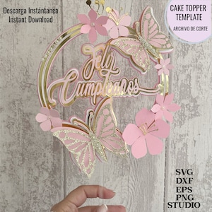 Cake topper feliz cumpleaños basico flores y mariposas svg, eps, studio ...