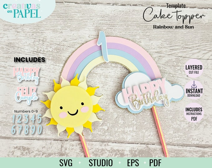 Sun With Rainbow Cake Topper Svg, Studio, Eps, Pdf, Cut File Cute Sun ...