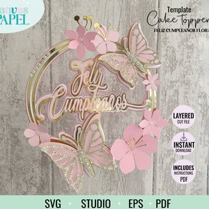 Cake Topper Happy Birthday Basic Flowers and Butterflies Svg, Eps ...