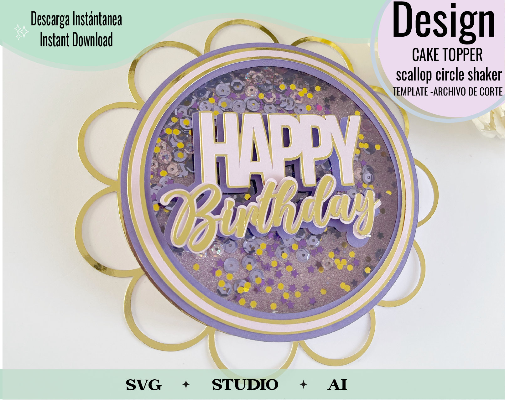 Cake topper happy birthday circulo escalopado shaker Svg - Etsy España