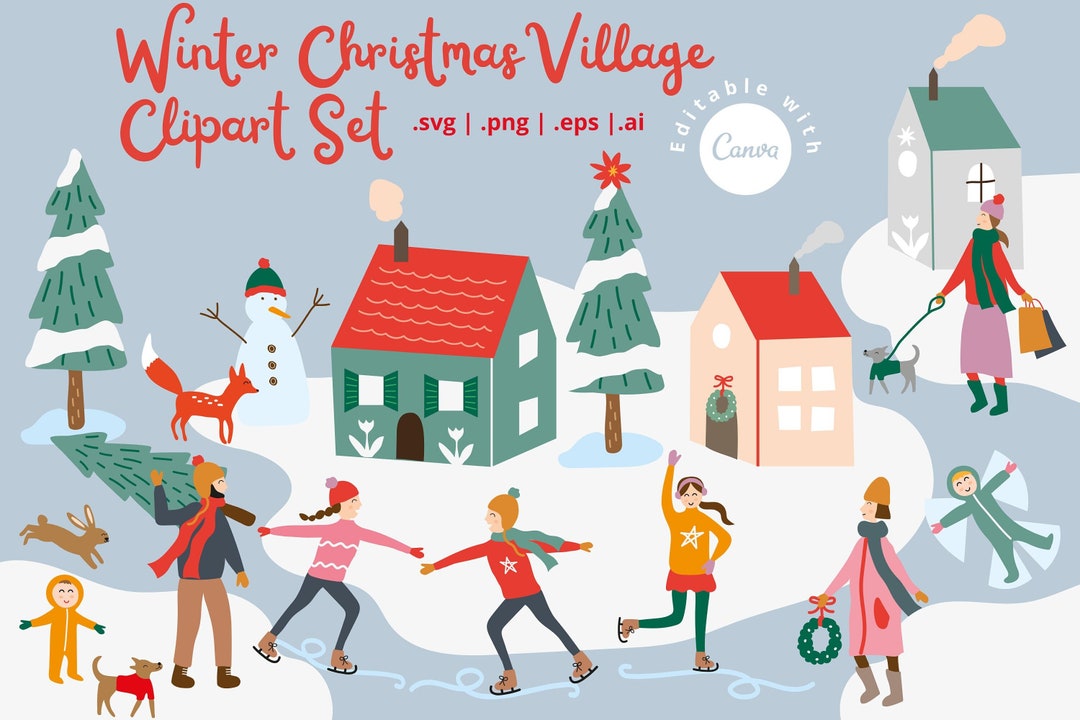Winter Christmas Village Clipart Set, Holiday Season Clipart, Winter ...