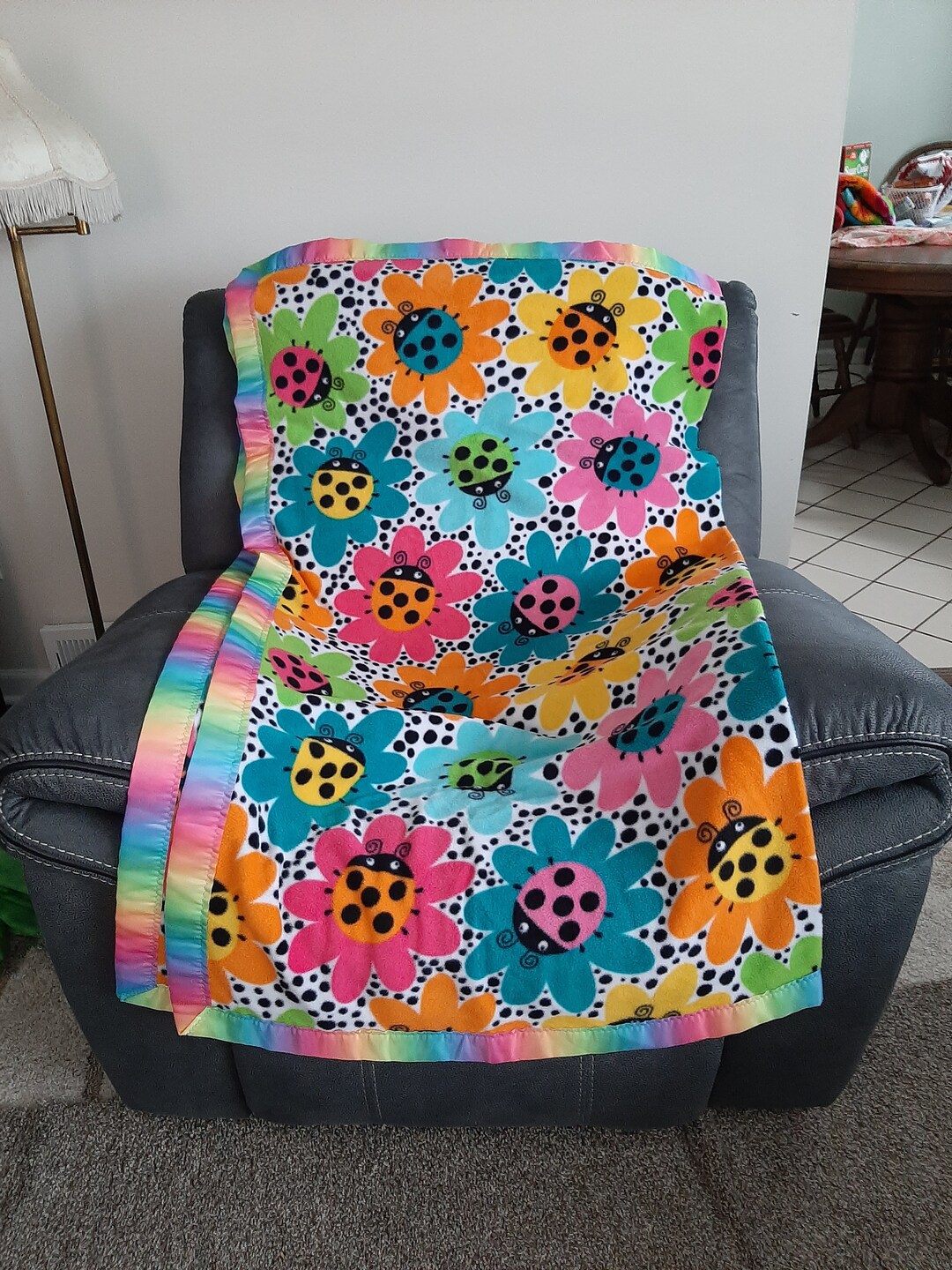 Lady Bugs and Daisies Flowers on Multicolored Background, Kids' Fleece ...