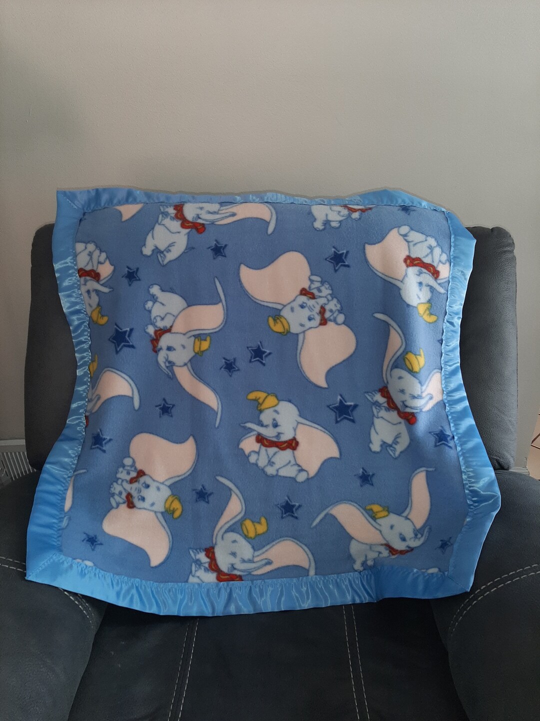Dumbo the Elephant, Infant Crib Fleece Blanket With a Baby Blue Satin ...