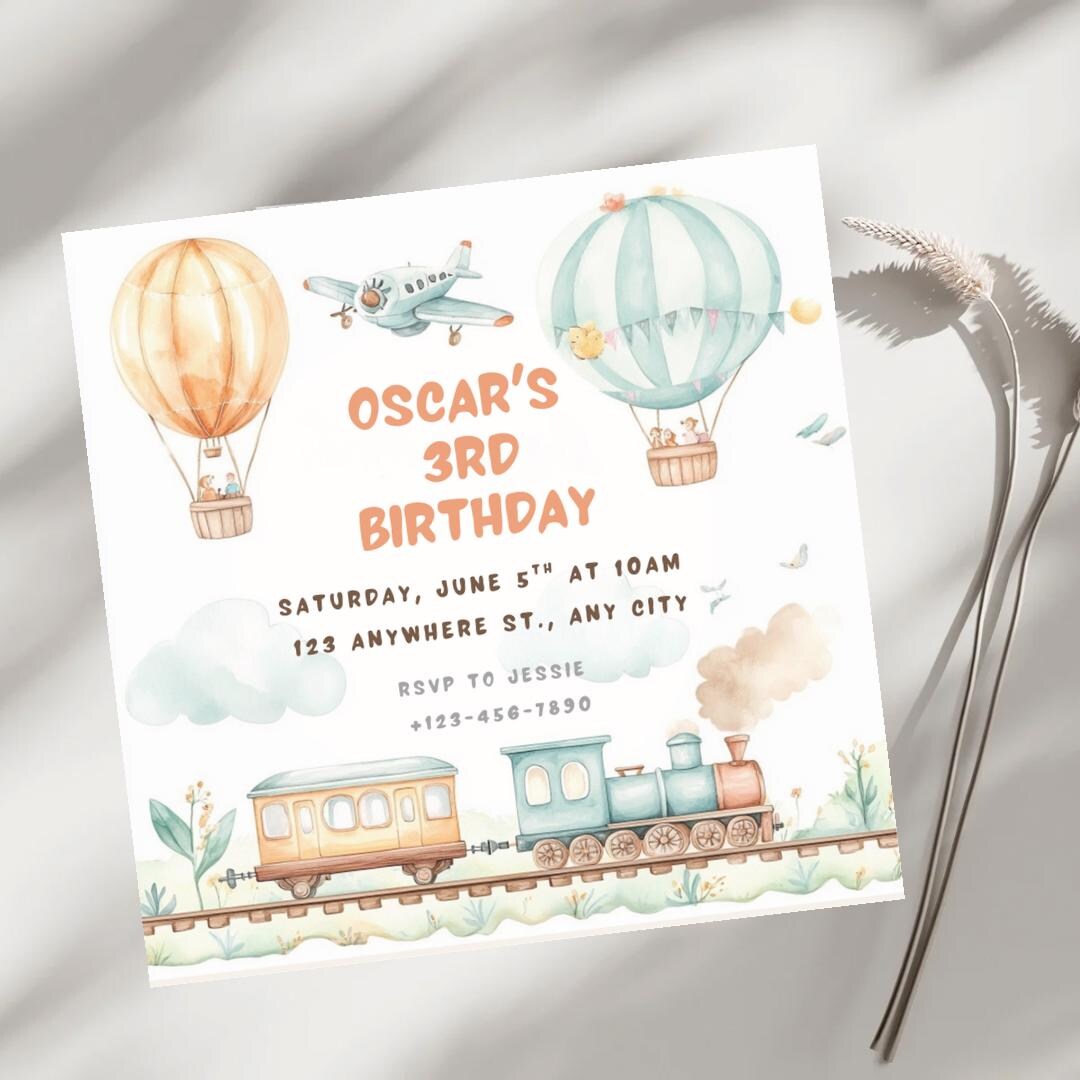 Pastel Transportation Birthday Invitation: Planes, Trains, Balloons ...
