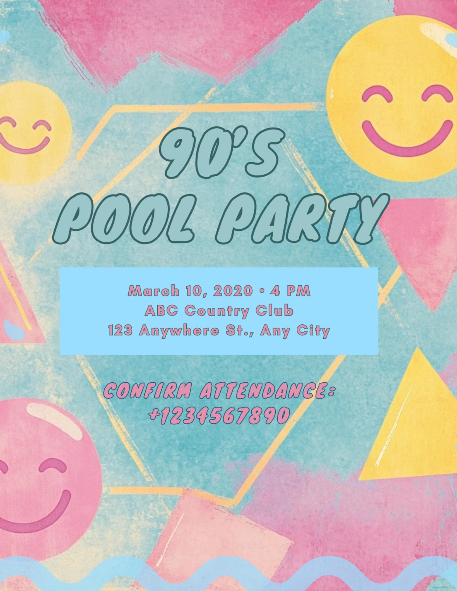 Editable Geometric Smiley Face Pool Party Invite | Groovy 90s Birthday ...
