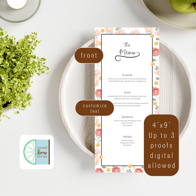 Custom Printable Menu Card Editable Menu Digital Download Menu for ...