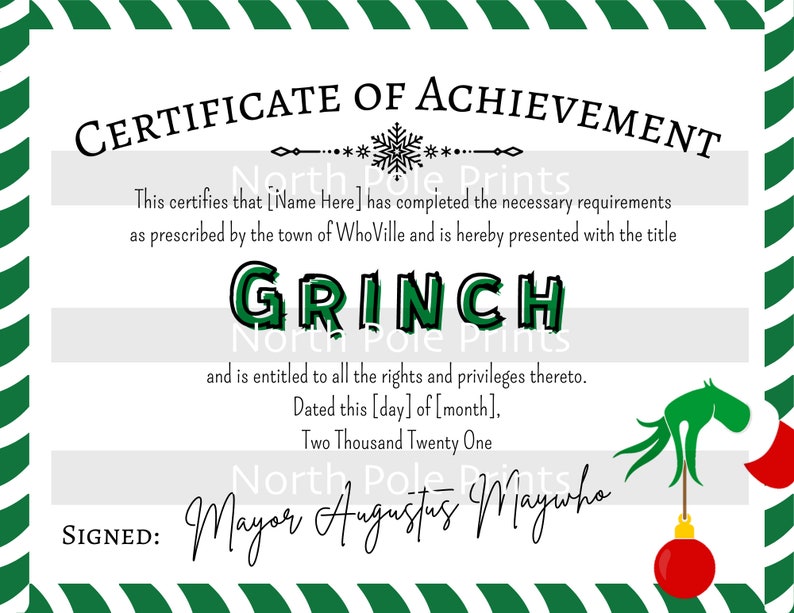 Personalized Grinch Certificate & Quote Mailed for You Santa - Etsy UK