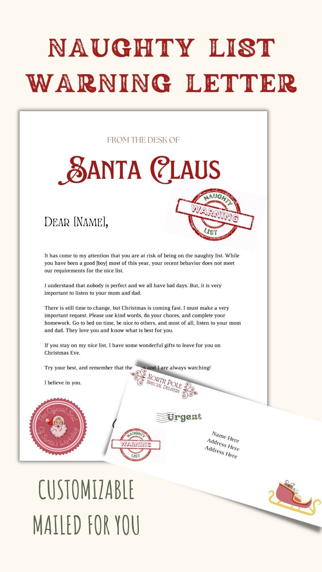 Customizable Naughty List Warning Letter From Santa, Mailed for You ...