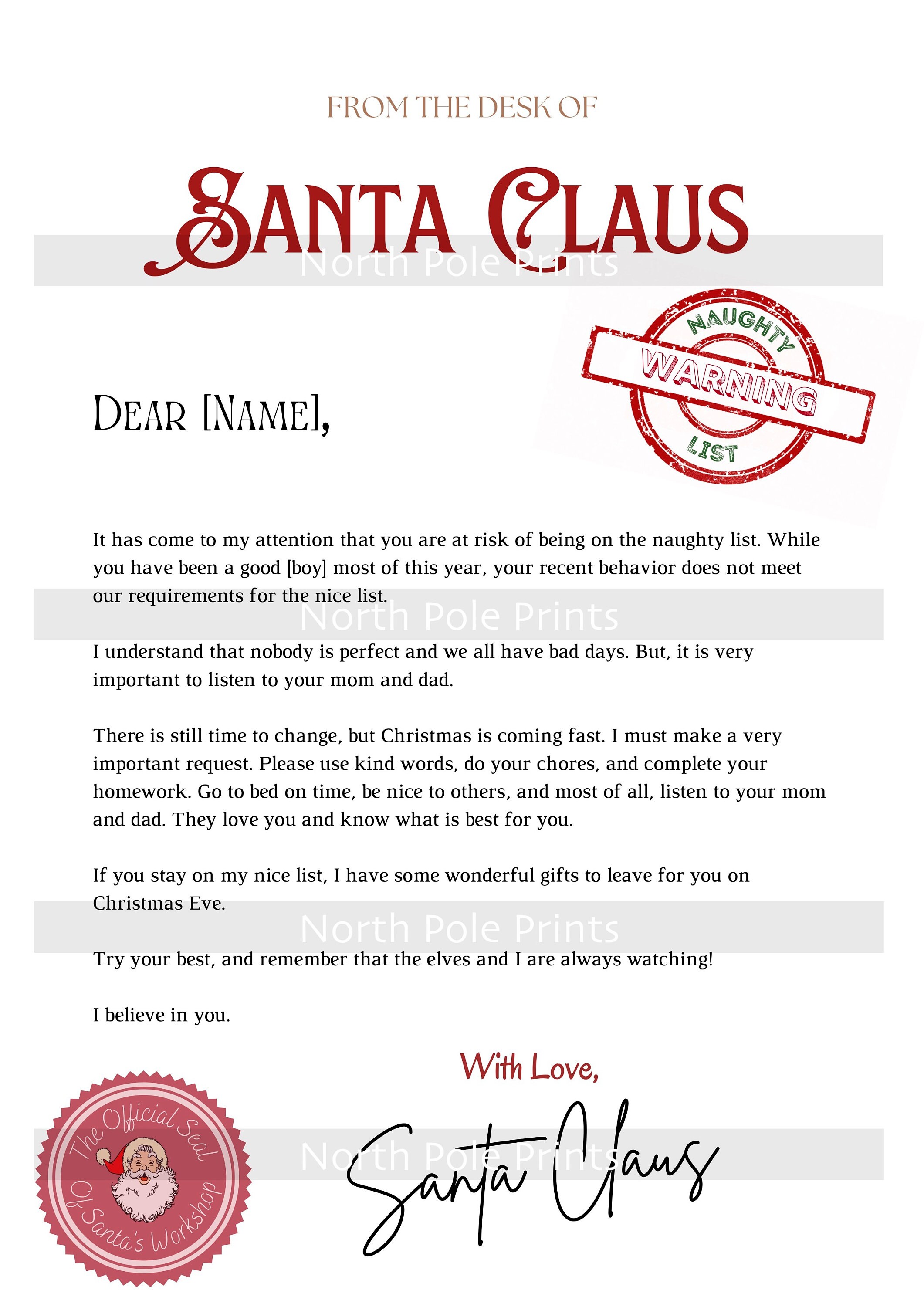 Customizable Naughty List Warning Letter From Santa 2025, Mailed for ...