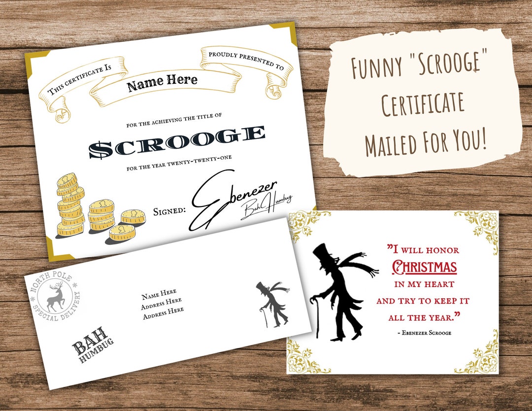 Personalized Scrooge Certificate & Christmas Carol Quote, Mailed for ...