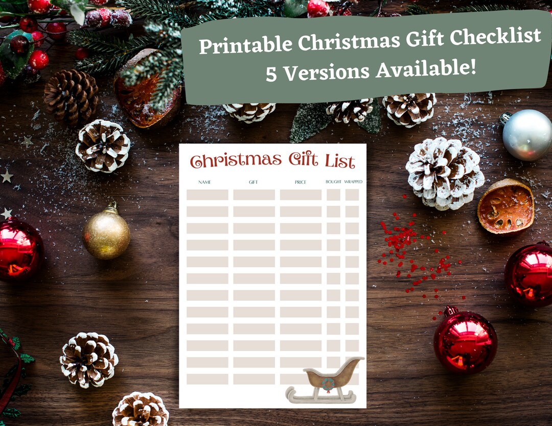 Printable Christmas Gift Checklist, Brown Sleigh, Gift Tracker ...