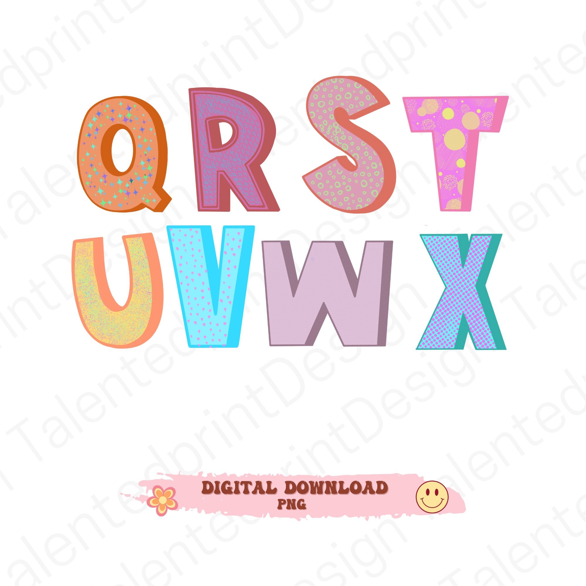 Doodle Letters Png Alphabet Png Multi Colors Patterns Retro - Etsy