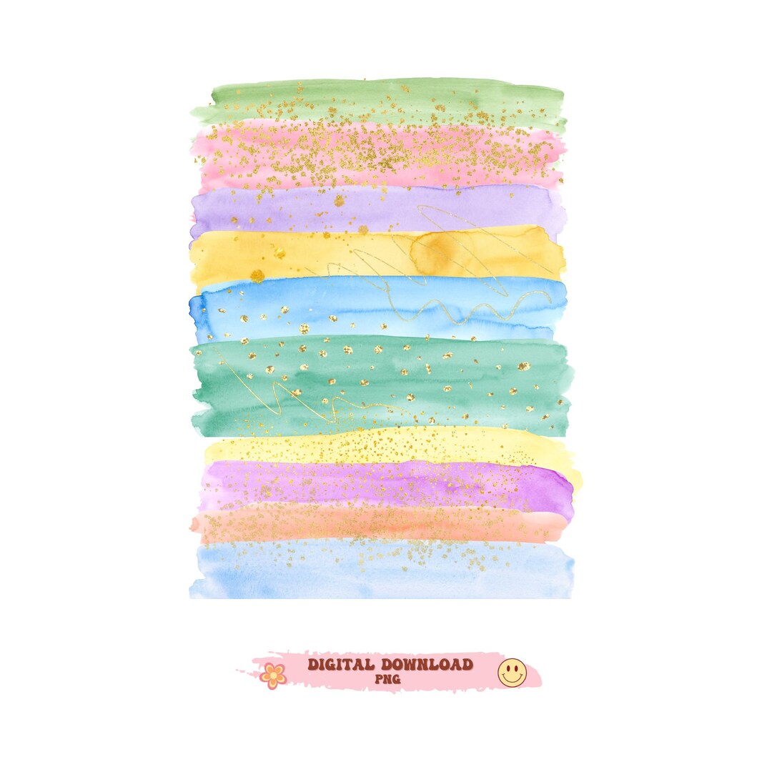Pastel Watercolor Brush Strokes Clipart With Gold Glitter (PNG Digital ...