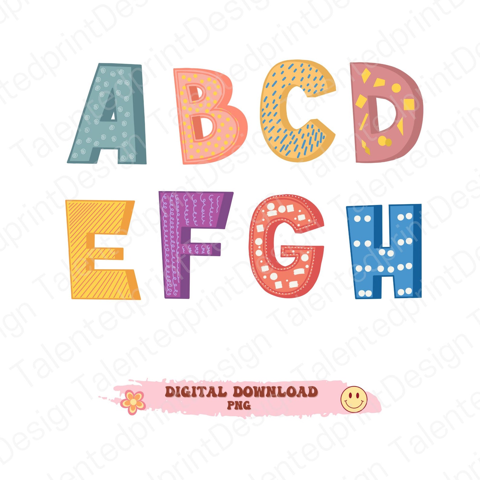 Doodle Letters Png Alphabet Png Multi Colors Patterns Retro - Etsy