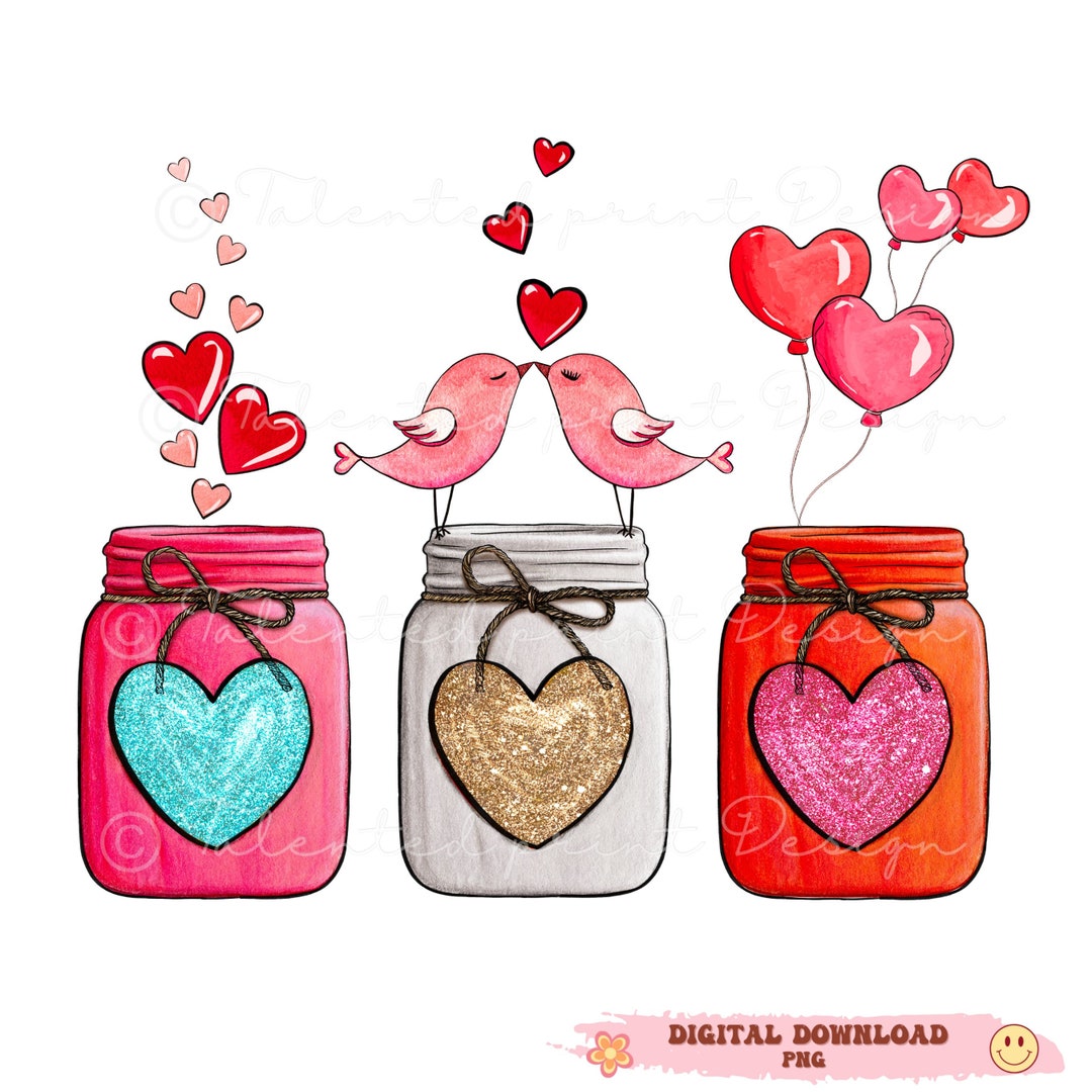 Valentine’s Day Mason Jars Png Design, Red and Pink Rustic Mason Jars ...