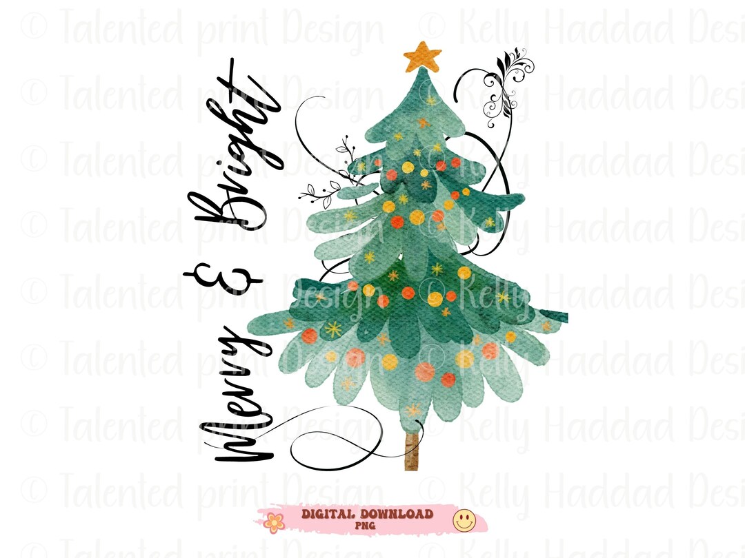 Merry N Bright Christmas Tree Design PNG JPG Pdf, Instant Download ...