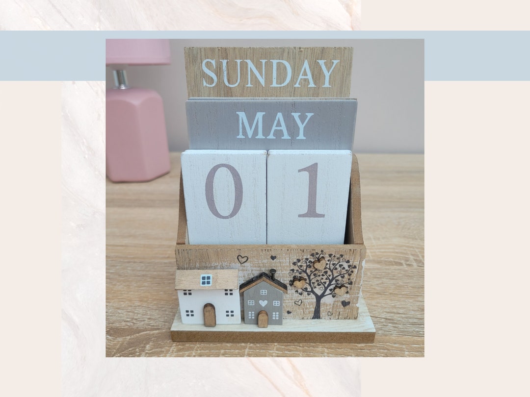 Wooden Block Perpetual Calendar With Family Scene, Wooden House and ...