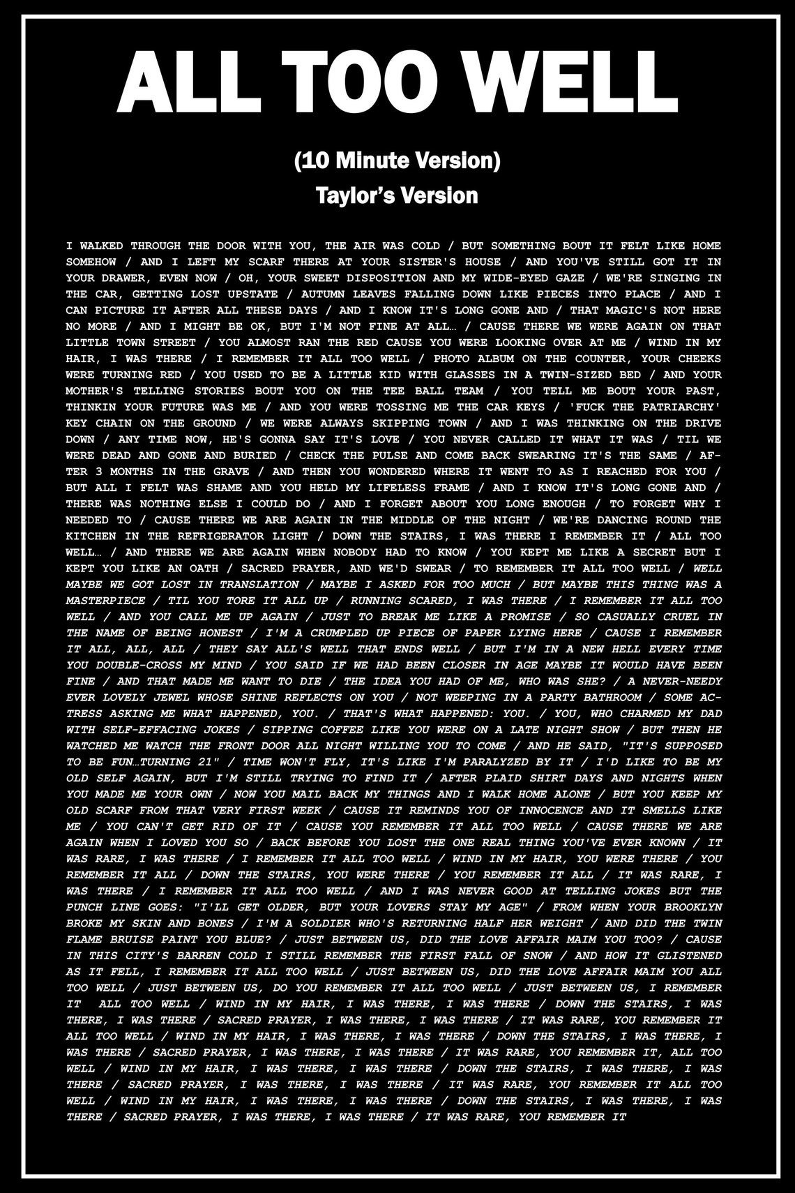 All Too Well Lyrics 10 Minute Version-taylor's Version-taylor Swift Red ...
