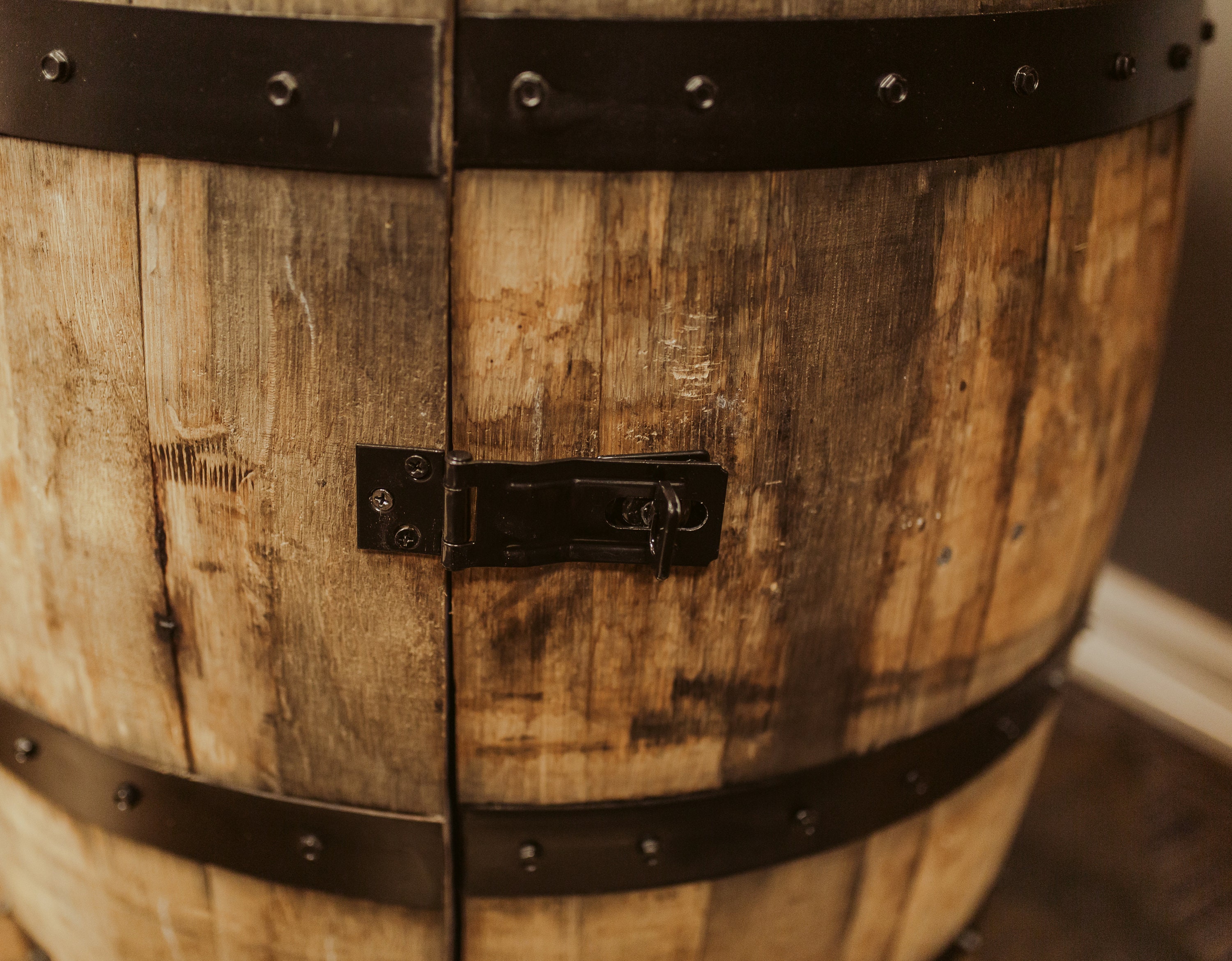 Whiskey Barrel Cabinet | Bourbon Bottle Storage | Basement Bar ...