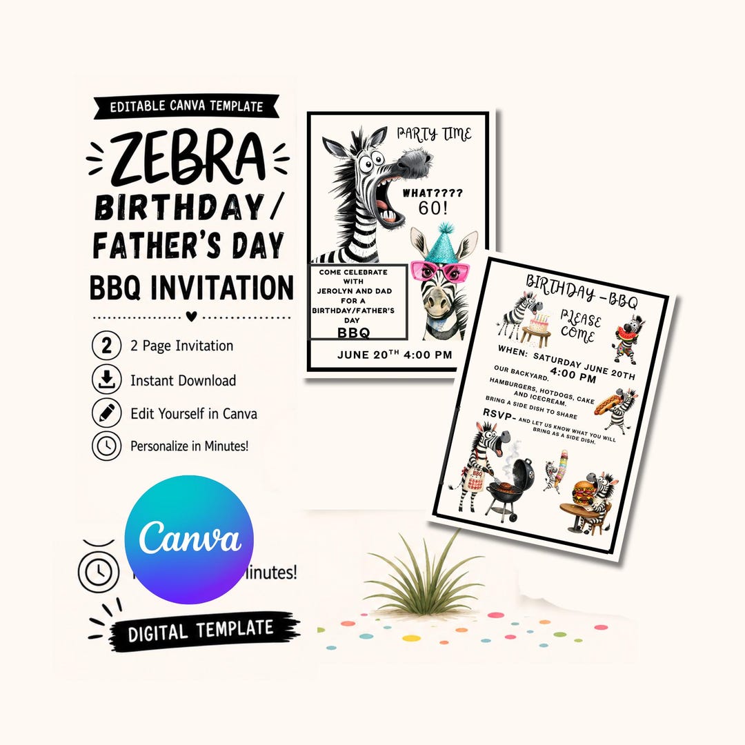 Zebra Birthday BBQ Invitation Template, Editable Canva Father’s Day ...