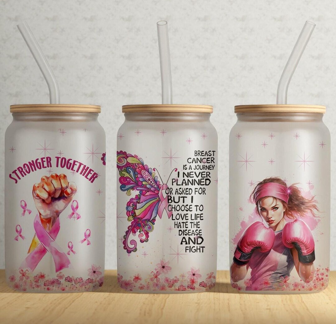 Breast Cancer Stronger Together Glass Can Cup, Iced Coffee Cup ...