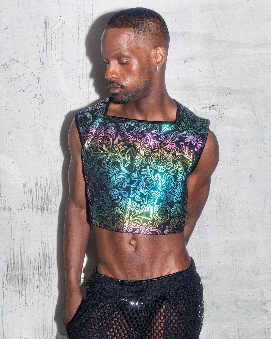 Rainbow Iridescent Floral Men's Crop Top With Black Mesh Back ...