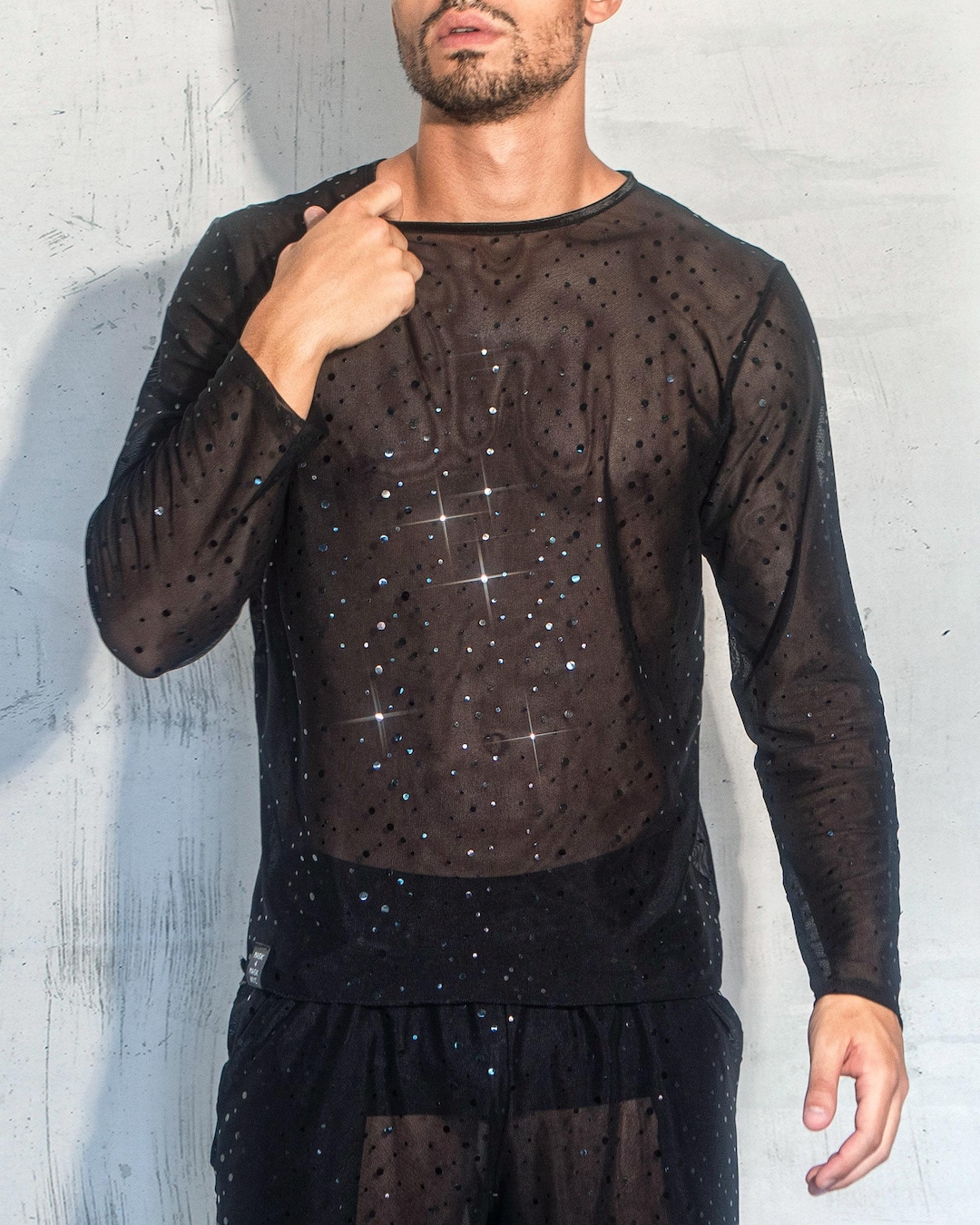 Men's Black Sheer Mesh Long Sleeve Shirt With Dotted Detail - Etsy