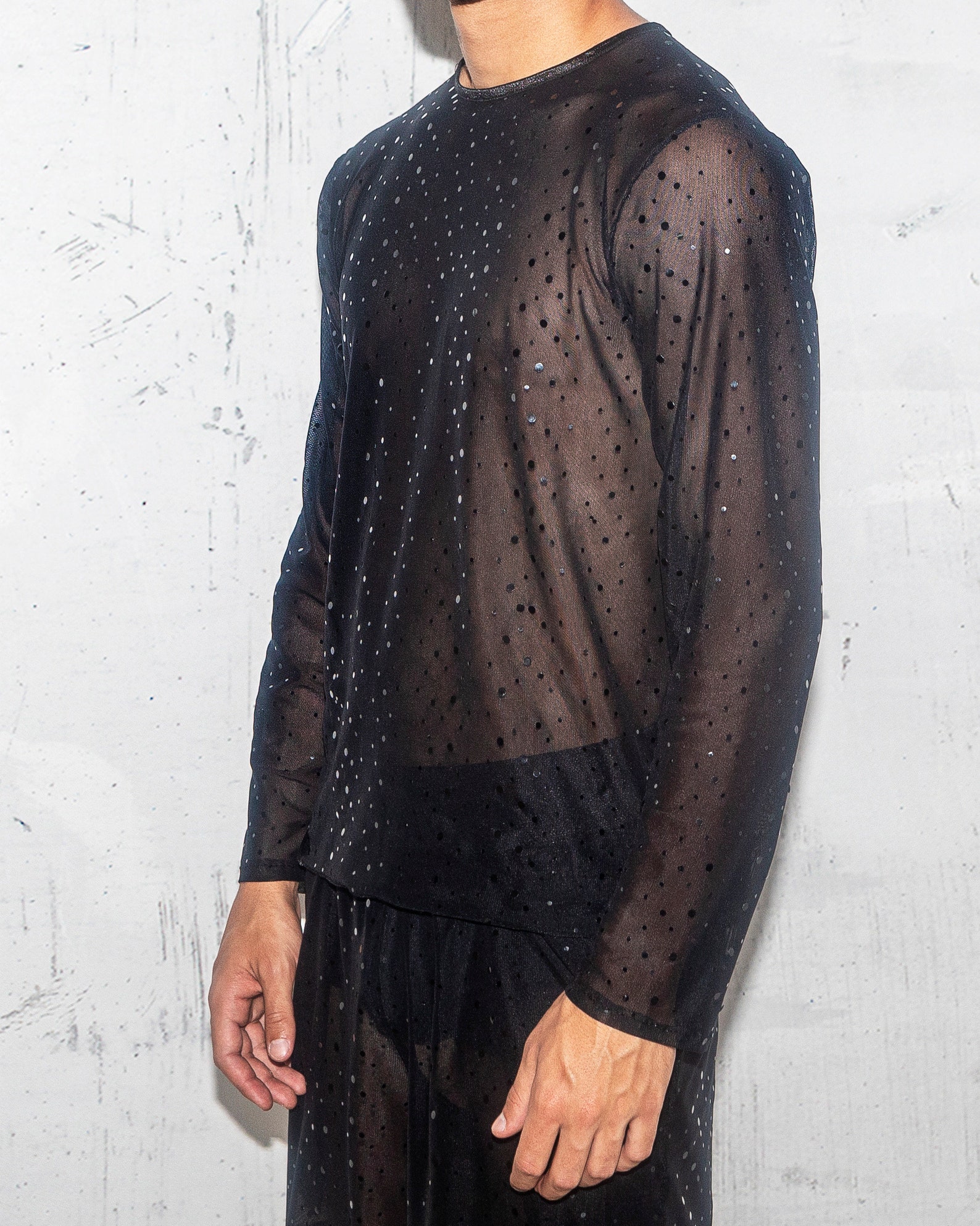Men's Black Sheer Mesh Long Sleeve Shirt With Dotted Detail - Etsy