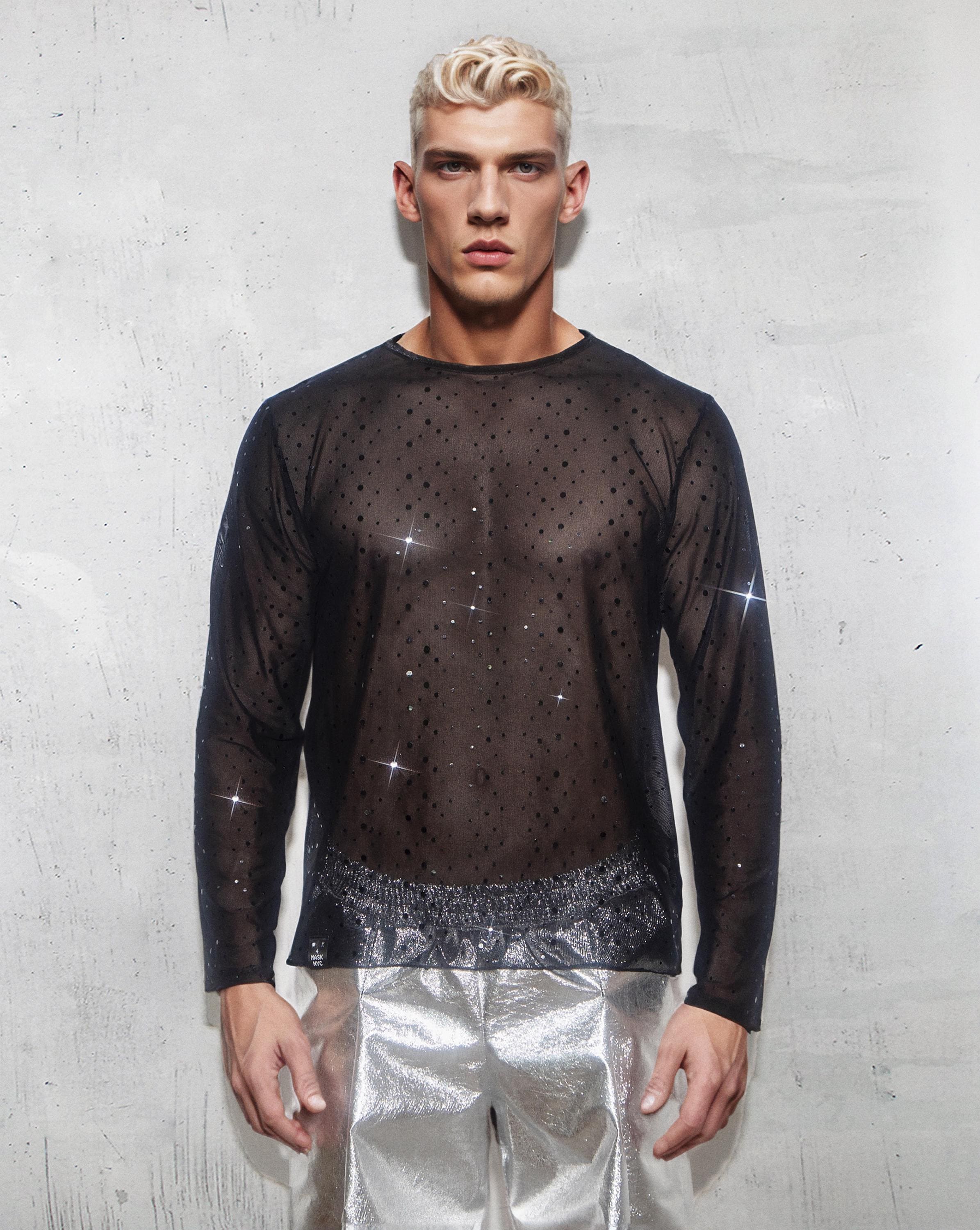 Men's Black Sheer Mesh Long Sleeve Shirt With Dotted Detail - Etsy