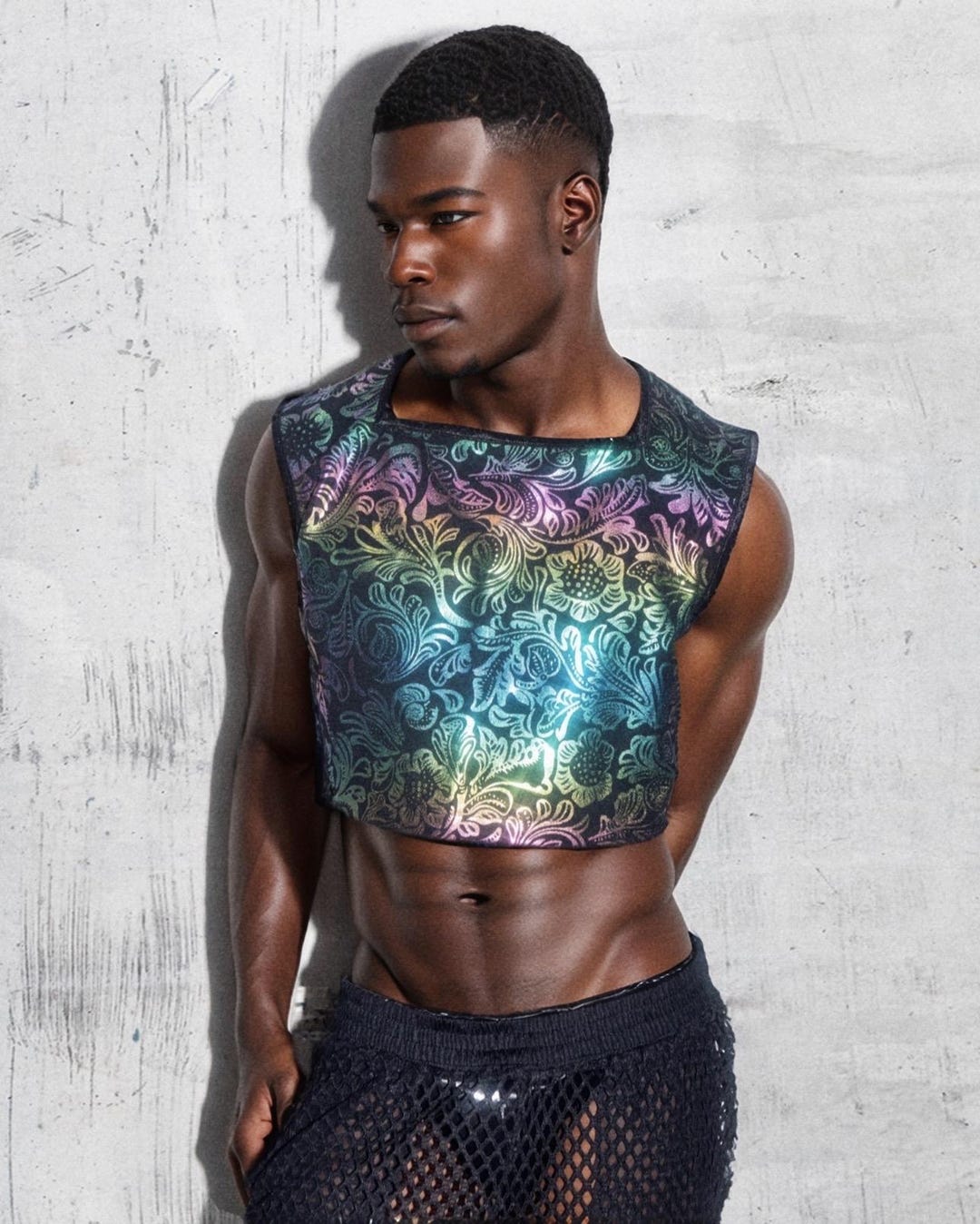 Rainbow Iridescent Floral Men's Crop Top With Black Mesh Back ...